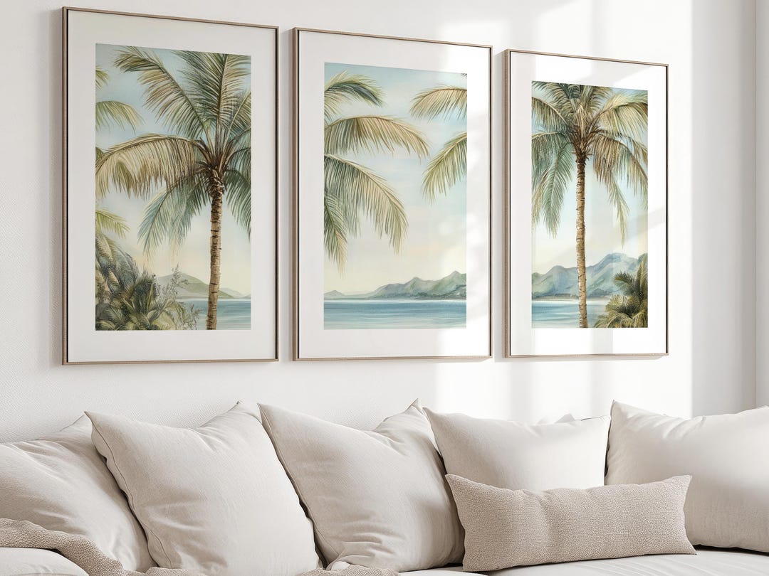 Set of Three Posters With Watercolor Tropical Beach With Palm Trees in ...