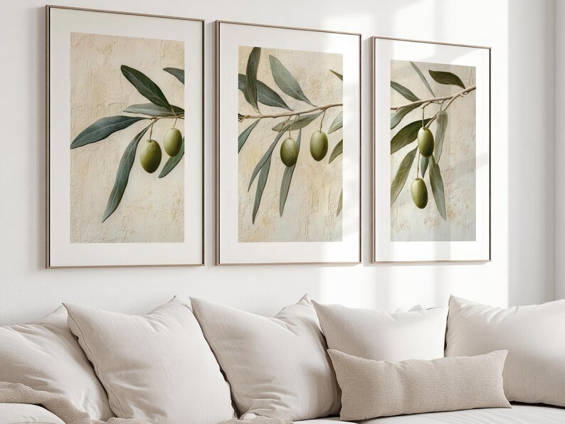 Set of 3 Continuous Olive Branch Rustic Paintings, Wall Art, Botanical ...