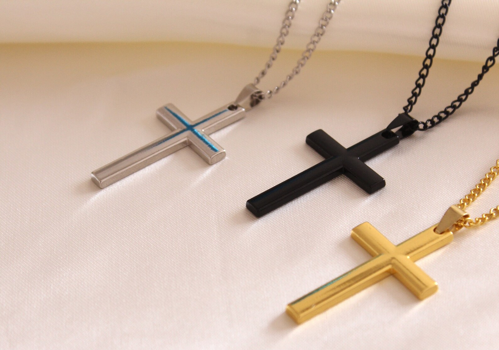 Gold, Silver, Black Cross Pendant Necklace Set 3pcs, Black Hip Hop Long ...