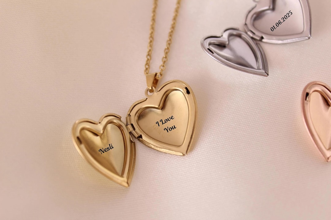 Customized & Engraved Love Heart Locket Necklace, Photo Frame Pendant ...