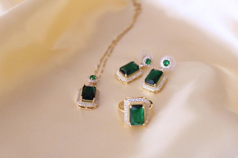 Luxury Green Zircon Jewelry 4pcs Set, Resizable Ring, Necklace and ...