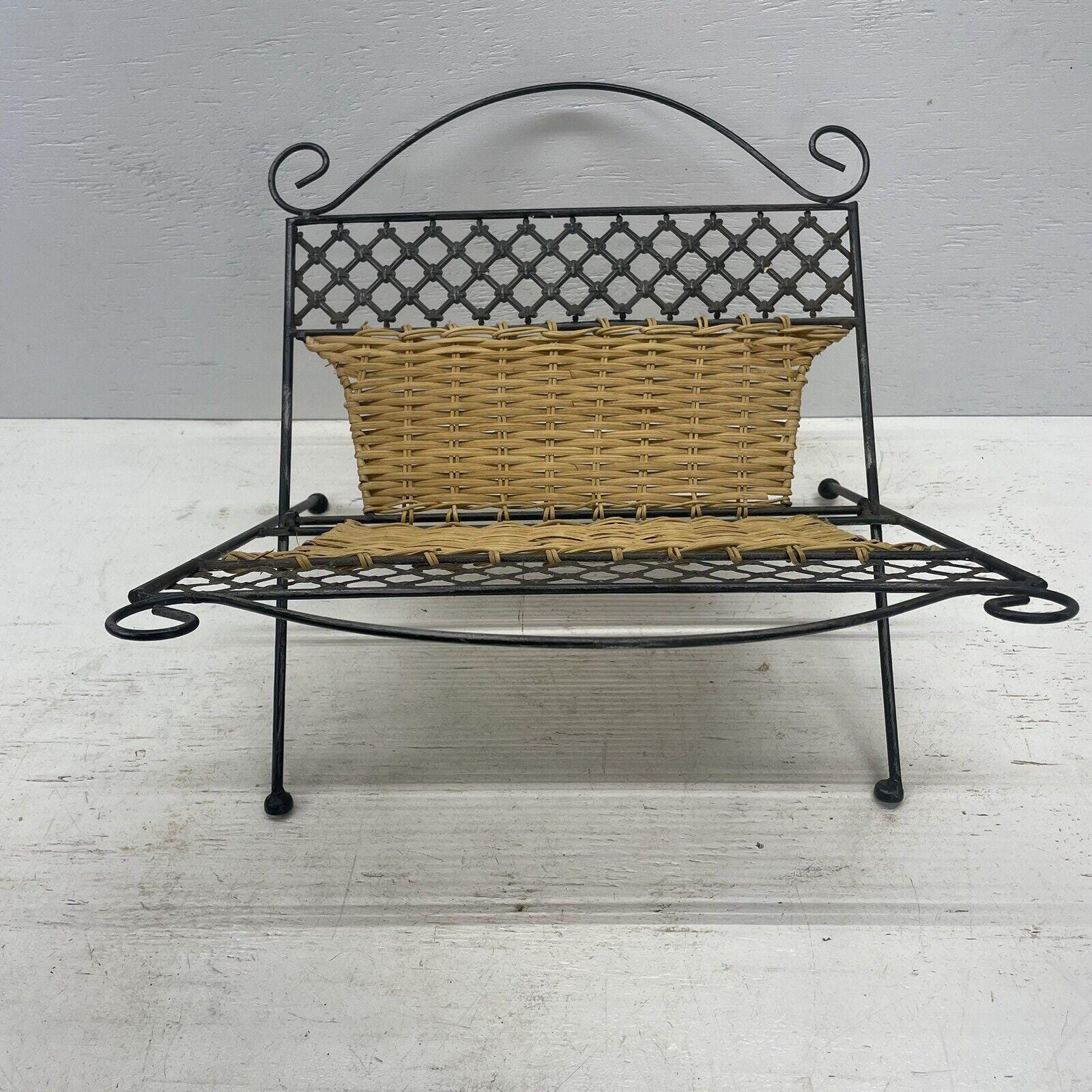 Vintage Wrought Iron & Wicker Rattan Folding Magazine Newspaper Record ...