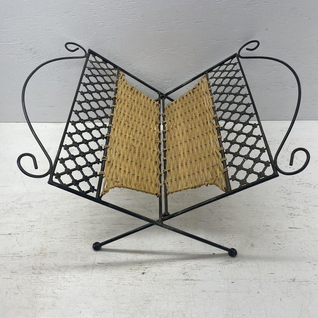 Vintage Wrought Iron & Wicker Rattan Folding Magazine Newspaper Record ...