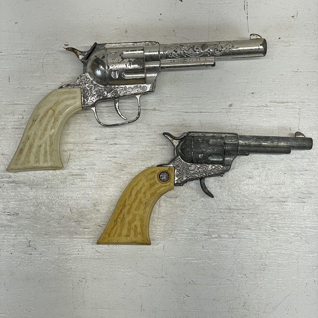 2 Vintage Western Toy Gun Revolvers Pony Boy Diecast Plastic Parts Lot ...
