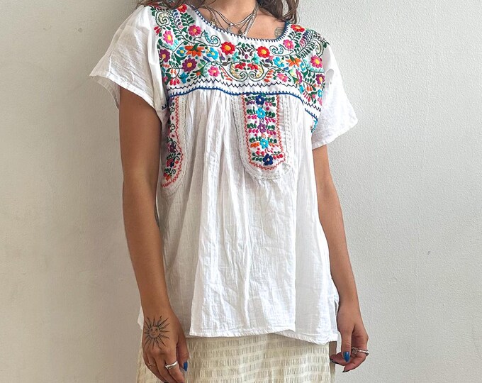 Vintage Floral Embroidery Mexican Smock Blouse / Huipil / Colorful ...