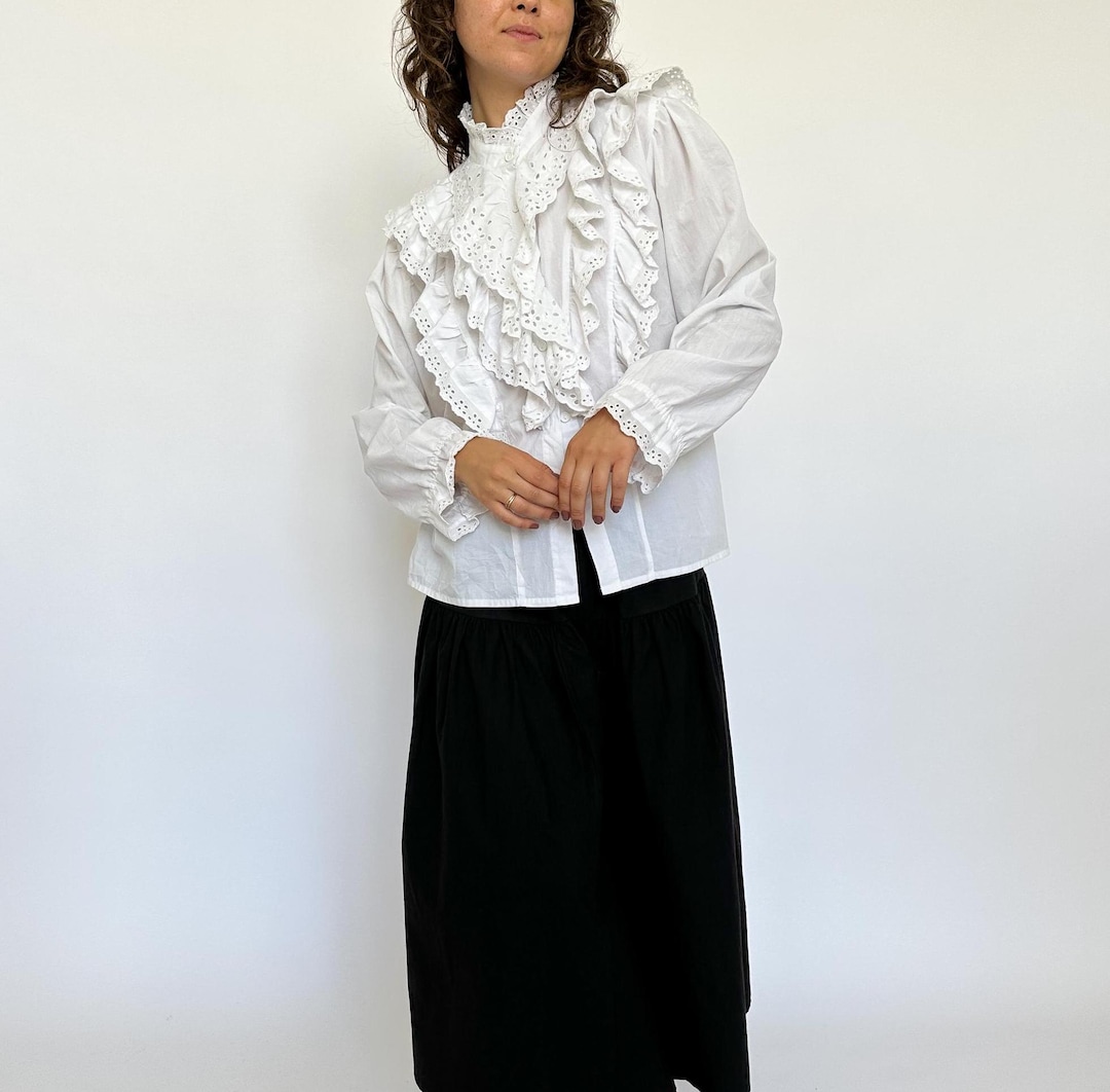Vintage 1980s Dramatic Ruffle White Cotton Blouse / Button up ...
