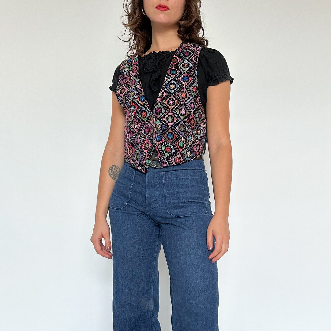 Vintage 1990s Does 1970s Velvet Embroidered Waistcoat / Vest / Bohemian ...
