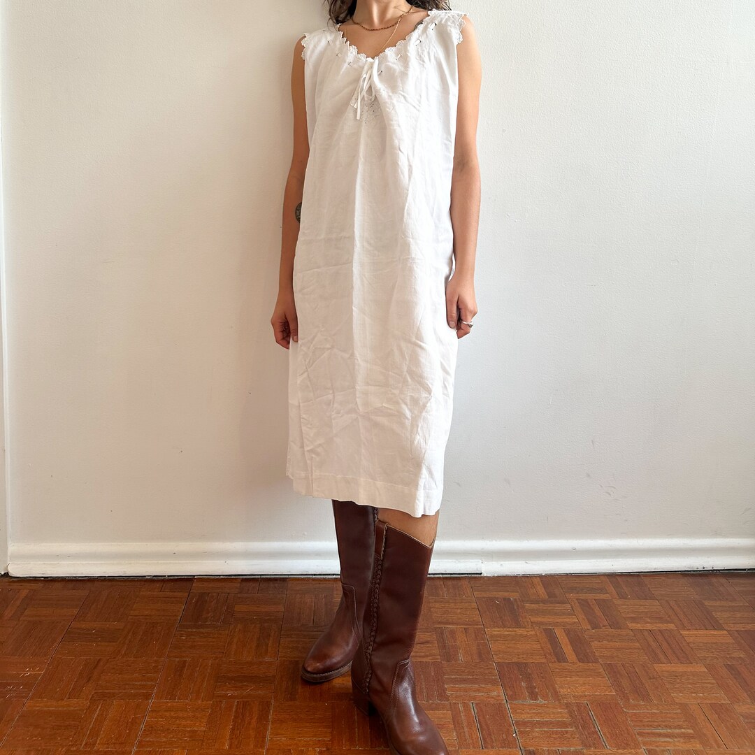 Antique Edwardian Victorian 1900s White Linen Chemise / Smock Dress ...