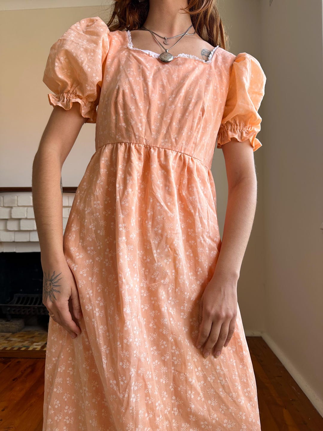 1970s Floral Maxi Prairie Dress: Peach Orange Cottagecore Broderie ...