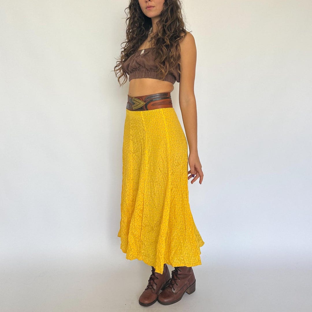 Vintage 1970s Yellow Confetti Dot Midi Skirt / Textured Rayon ...