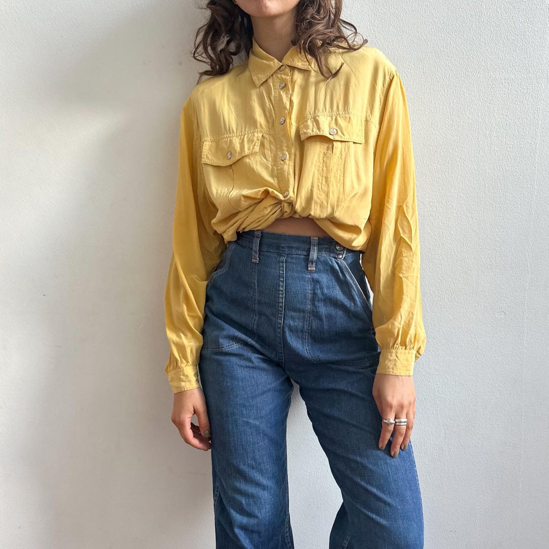 Vintage 1990s Pastel Yellow Silk Shirt / Button Down / Long Sleeve / XL ...