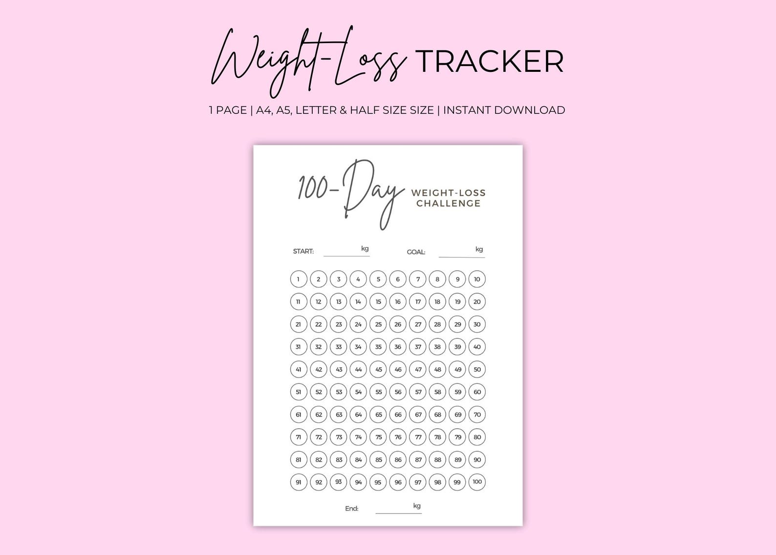 100 Day Weight Loss Tracker Printable for Weight Loss Journey One-page ...