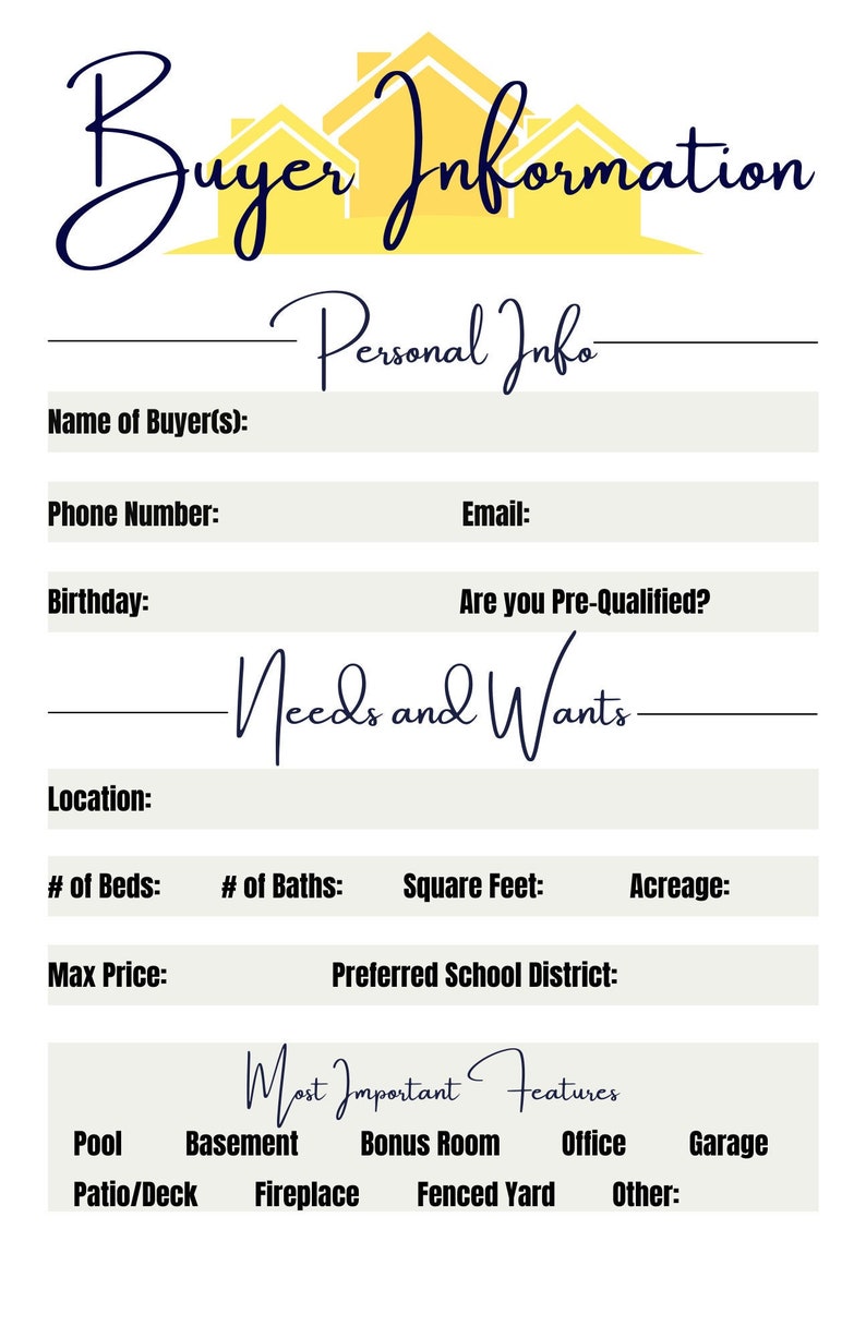 Real Estate Buyer Information Sheet - Etsy