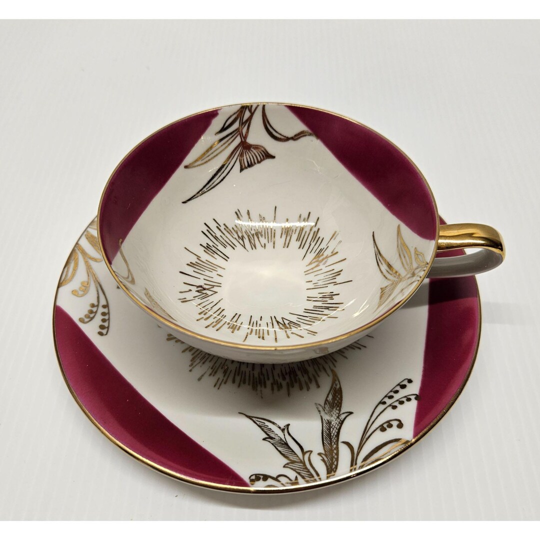 Gebruder Winterling Porcelain Tea Cup & Saucer Set Maroon Gold Floral ...