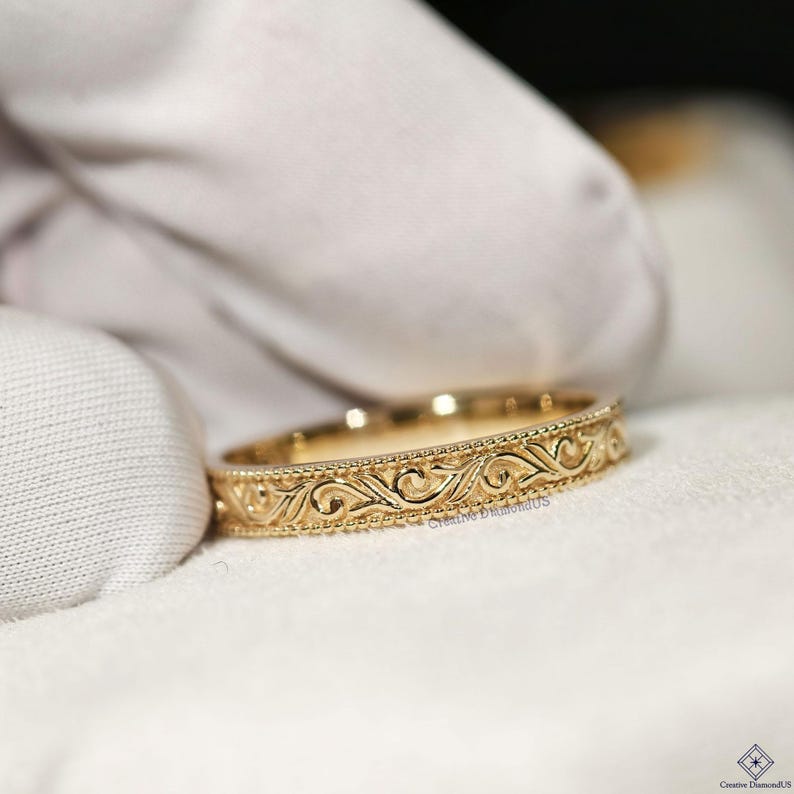 Art Deco Wedding Band, Vintage Filigree Pattern Plain Gold Stackable ...