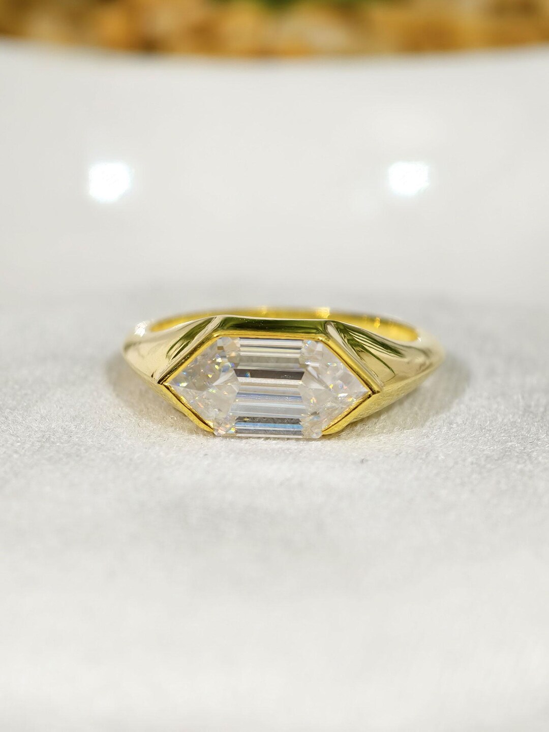 Bezel Set Hexagon Moissanite Engagement Ring, East and West Solid Gold ...