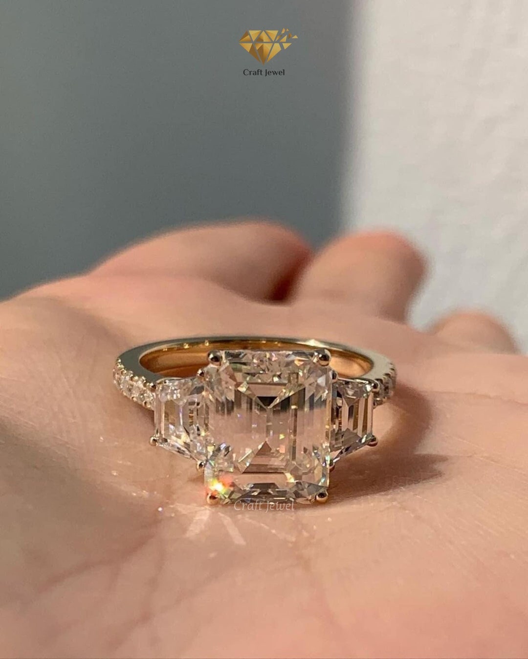 Three Stone Emerald Cut 3 Carat Moissanite Ring, Three Stone Emerald ...