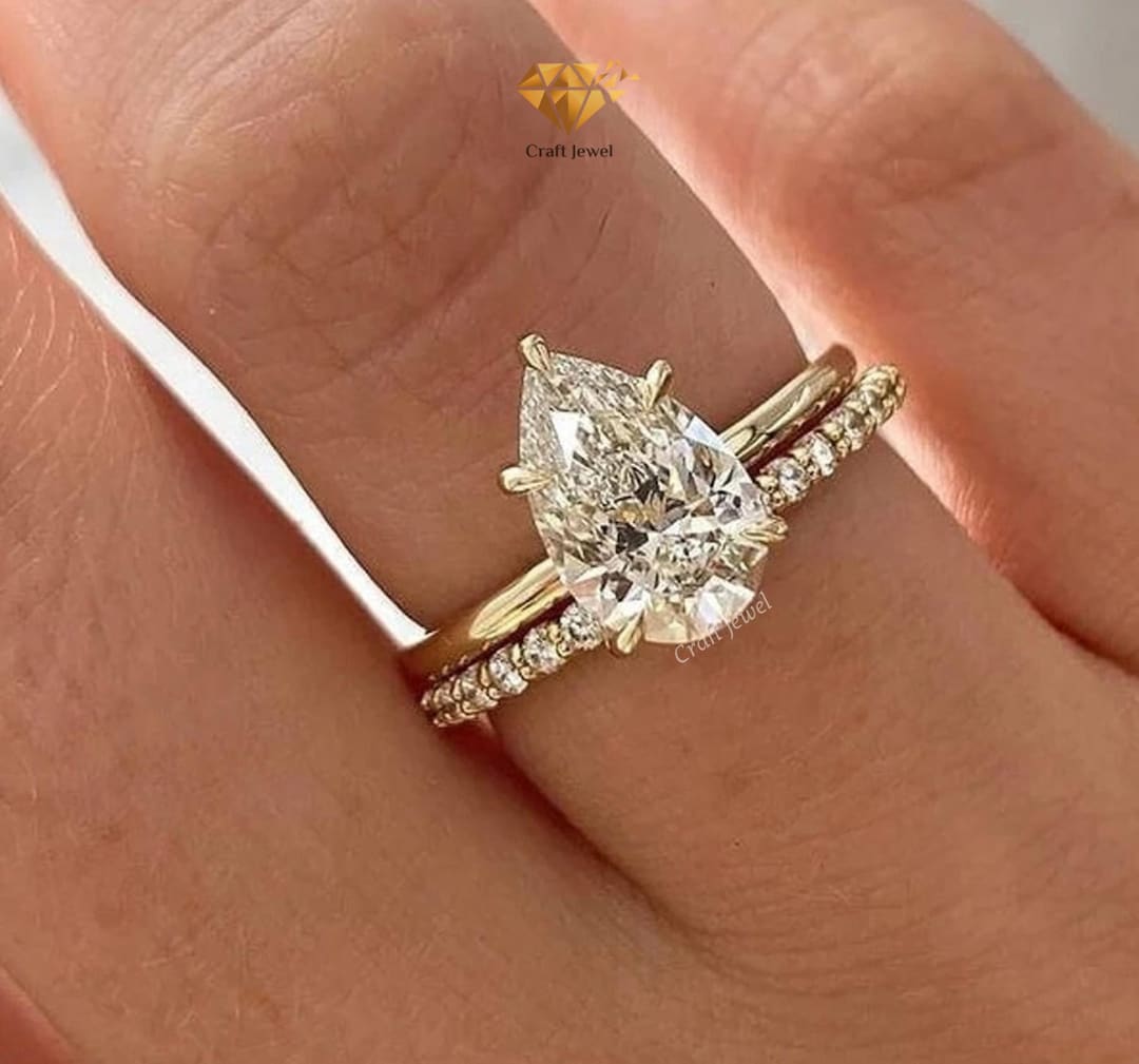 Lab Grown Diamond Wedding Ring Set, 3 CT Pear Cut Hidden Halo Bridal ...