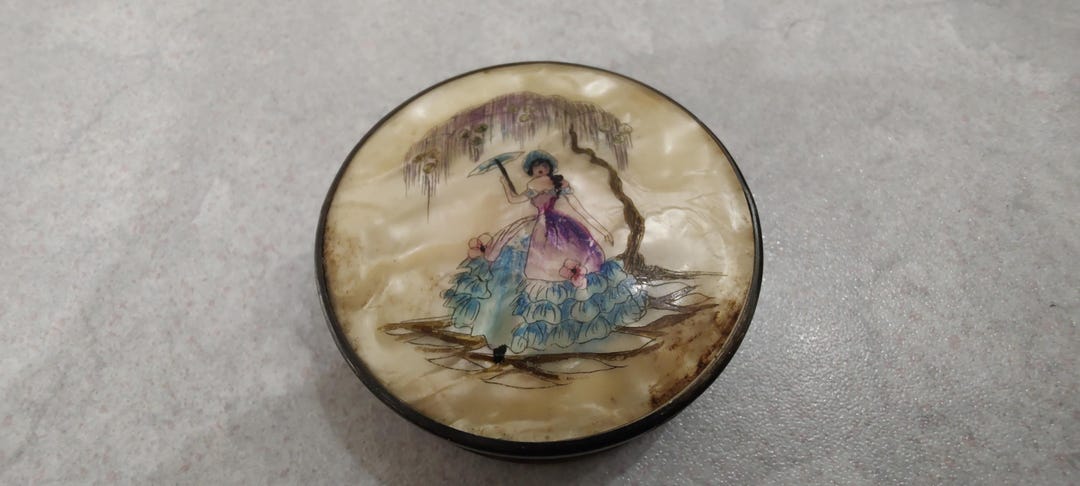 ANTIQUE Art Deco STERLING SILVER Patch Box Handpainted Celluloid ...