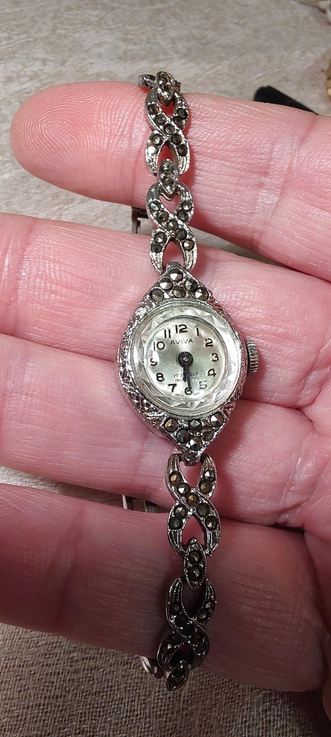 Ladies AVIVA Swiss Made 17 Jewel Vintage Marcasite Silver Watch Self ...