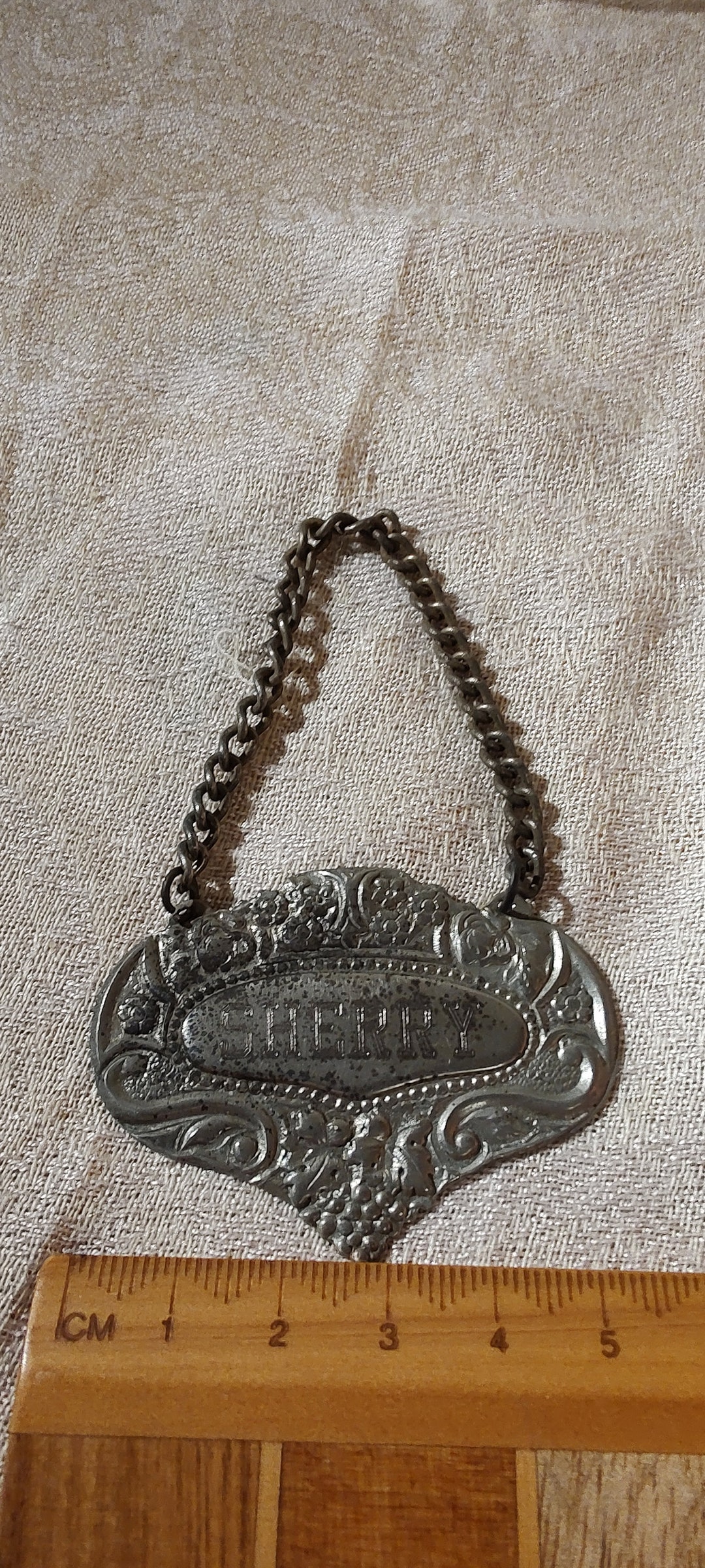 Vintage/antique SILVER PLATE Sherry DECANTER Tag Label/ Scrollwork ...