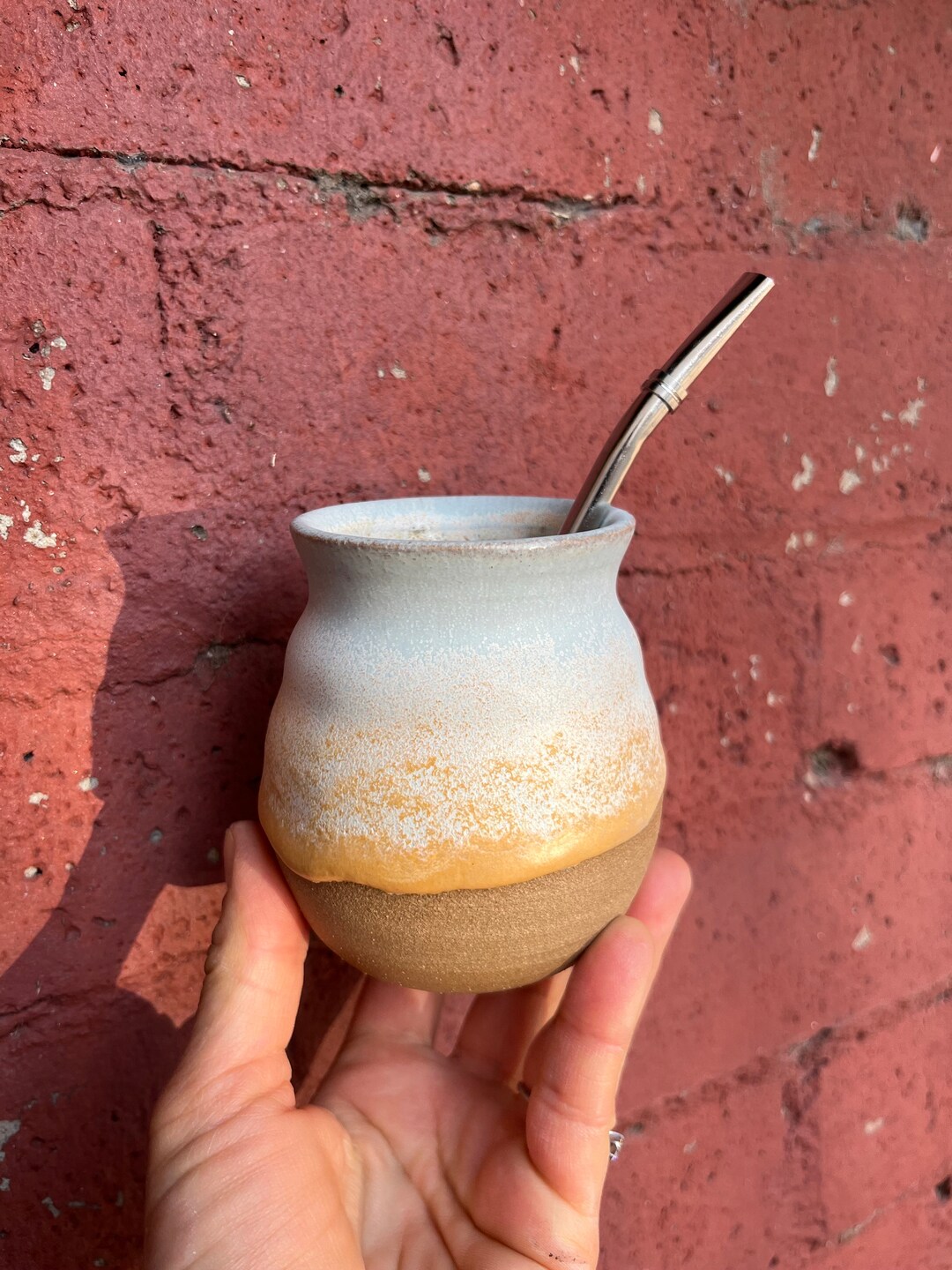 Handmade Ceramic Yerba Mate Cup: 9 Oz Blue & Yellow Calabash - Etsy