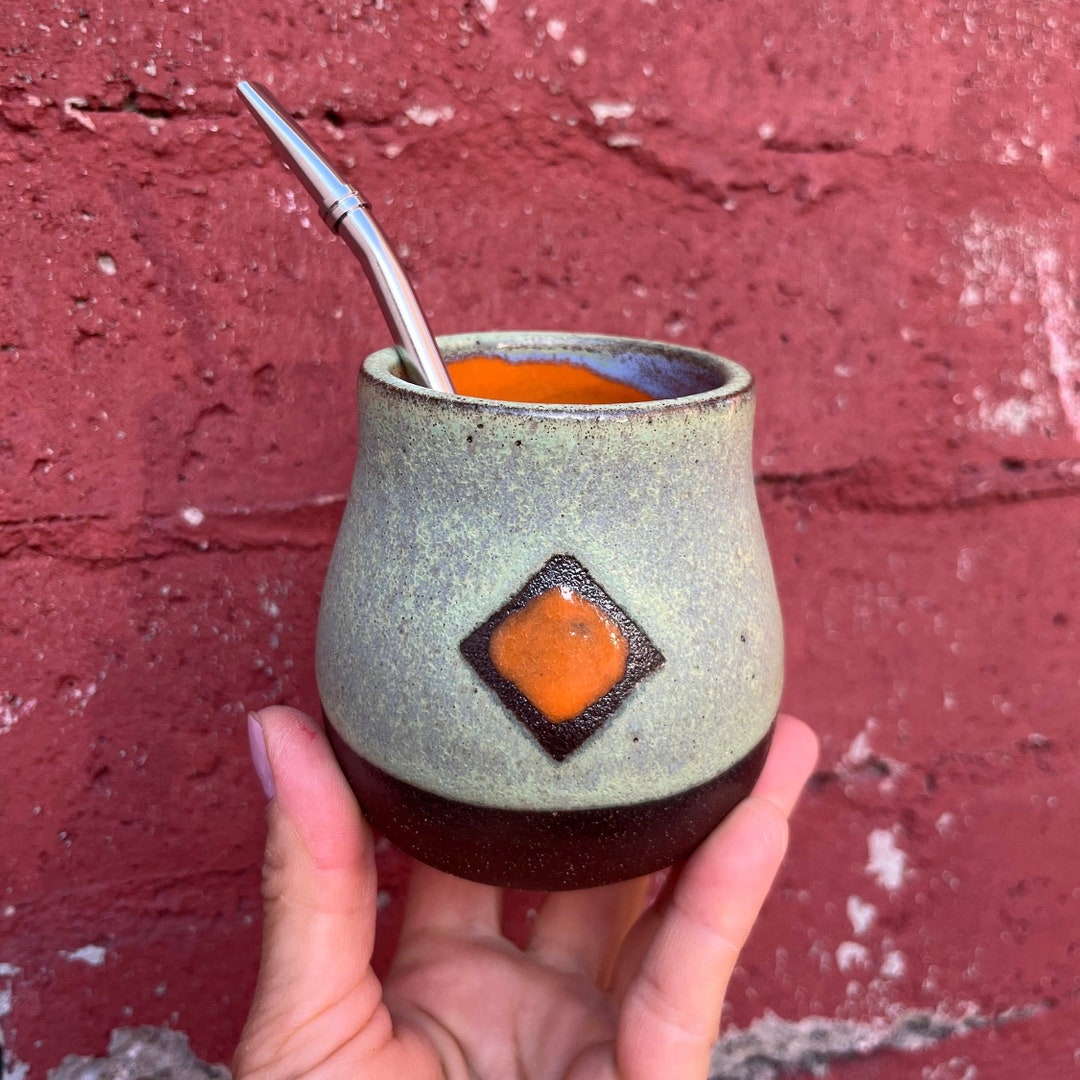 7 Oz Pistachio Green and Orange Ceramic Mate Cup, Yerba Mate Gourd ...