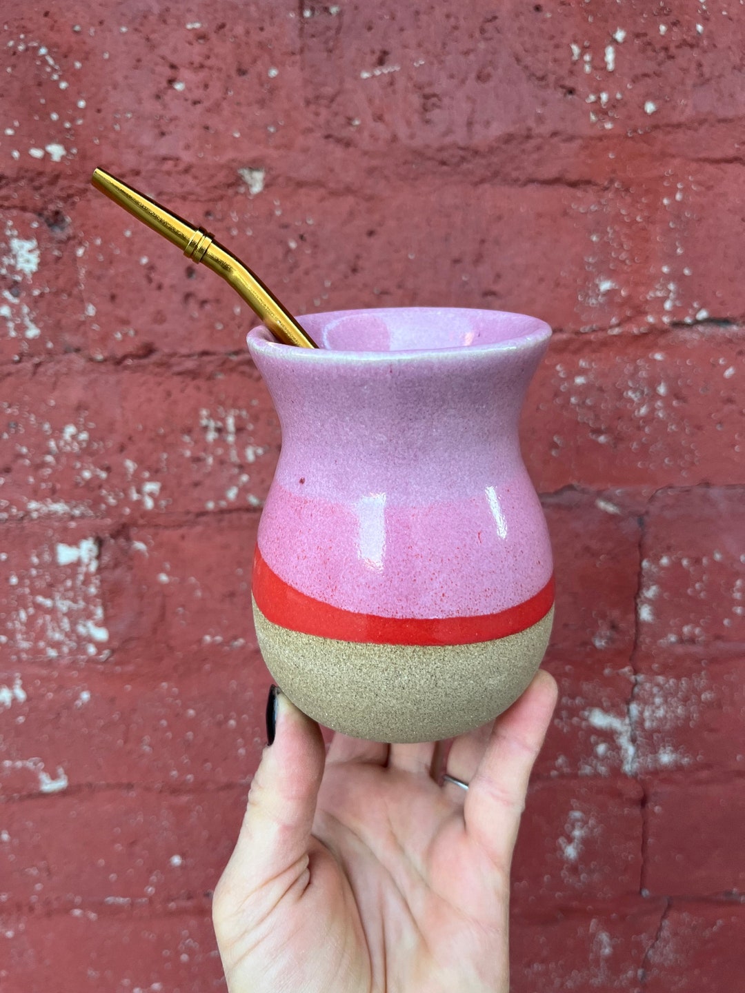 10 Oz Pink & Red Ceramic Yerba Mate Cup, Yerba Mate Gourd, Handmade ...