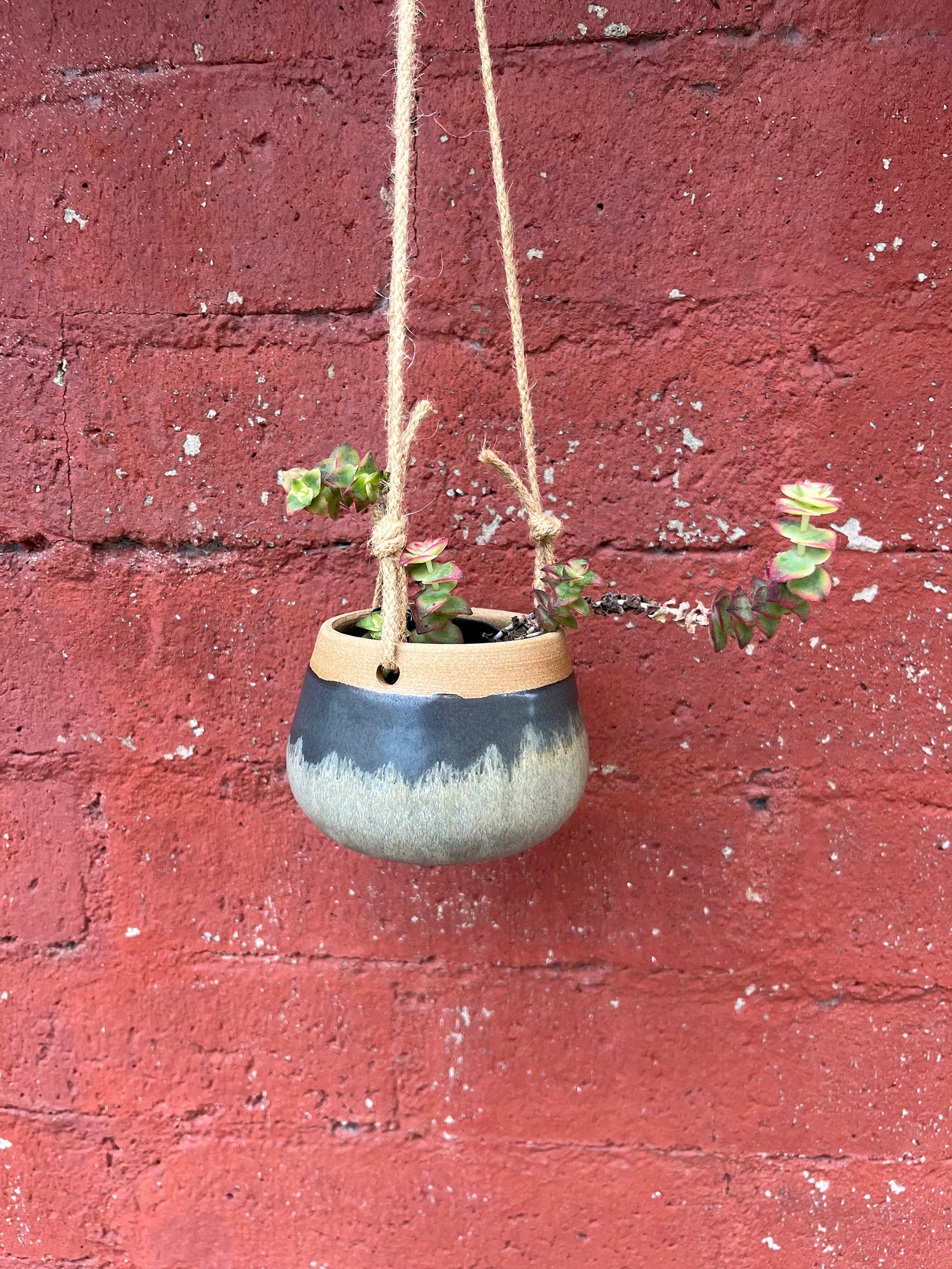 Tiny Black and Grey Hanging Planter, Small Handmade Ceramic Hanging Pot ...