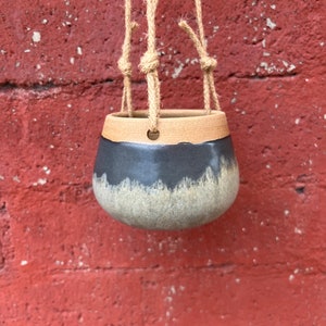 Tiny Black and Grey Hanging Planter, Small Handmade Ceramic Hanging Pot ...