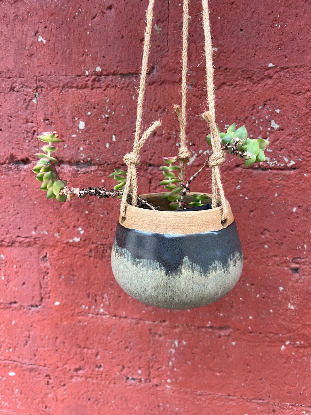 Tiny Black and Grey Hanging Planter, Small Handmade Ceramic Hanging Pot ...