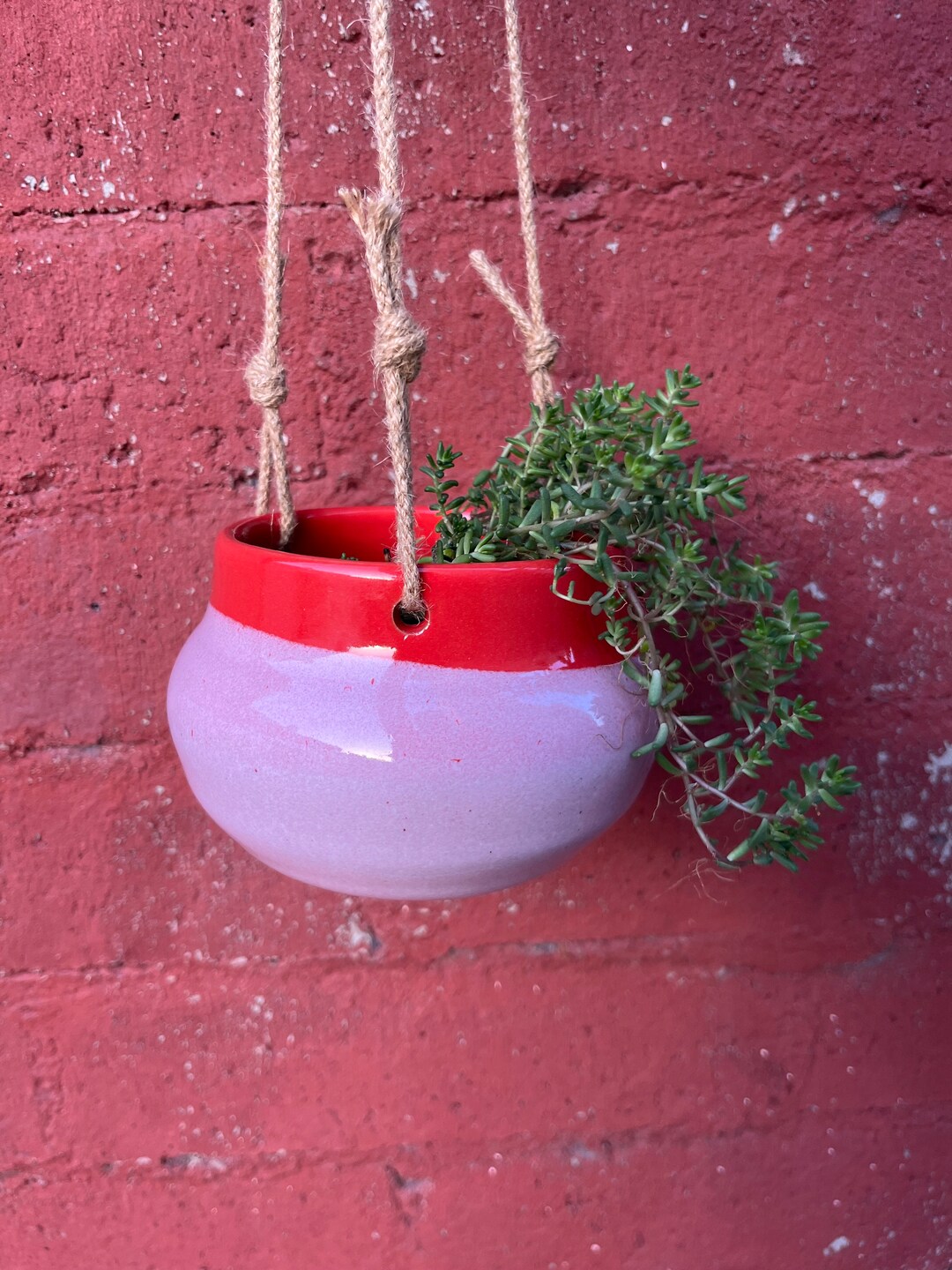 Red and Pink Hanging Planter, Handmade Ceramic Planter, Small Red and ...