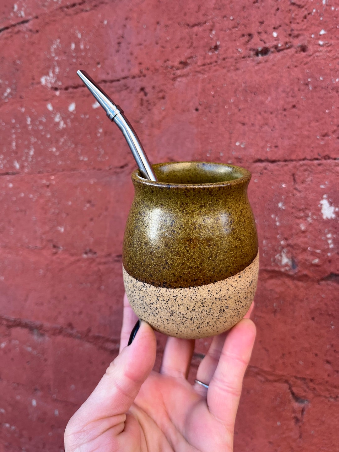 Olive Green Ceramic Mate Cup, 8 Oz Yerba Mate Gourd, Ceramic Calabash ...
