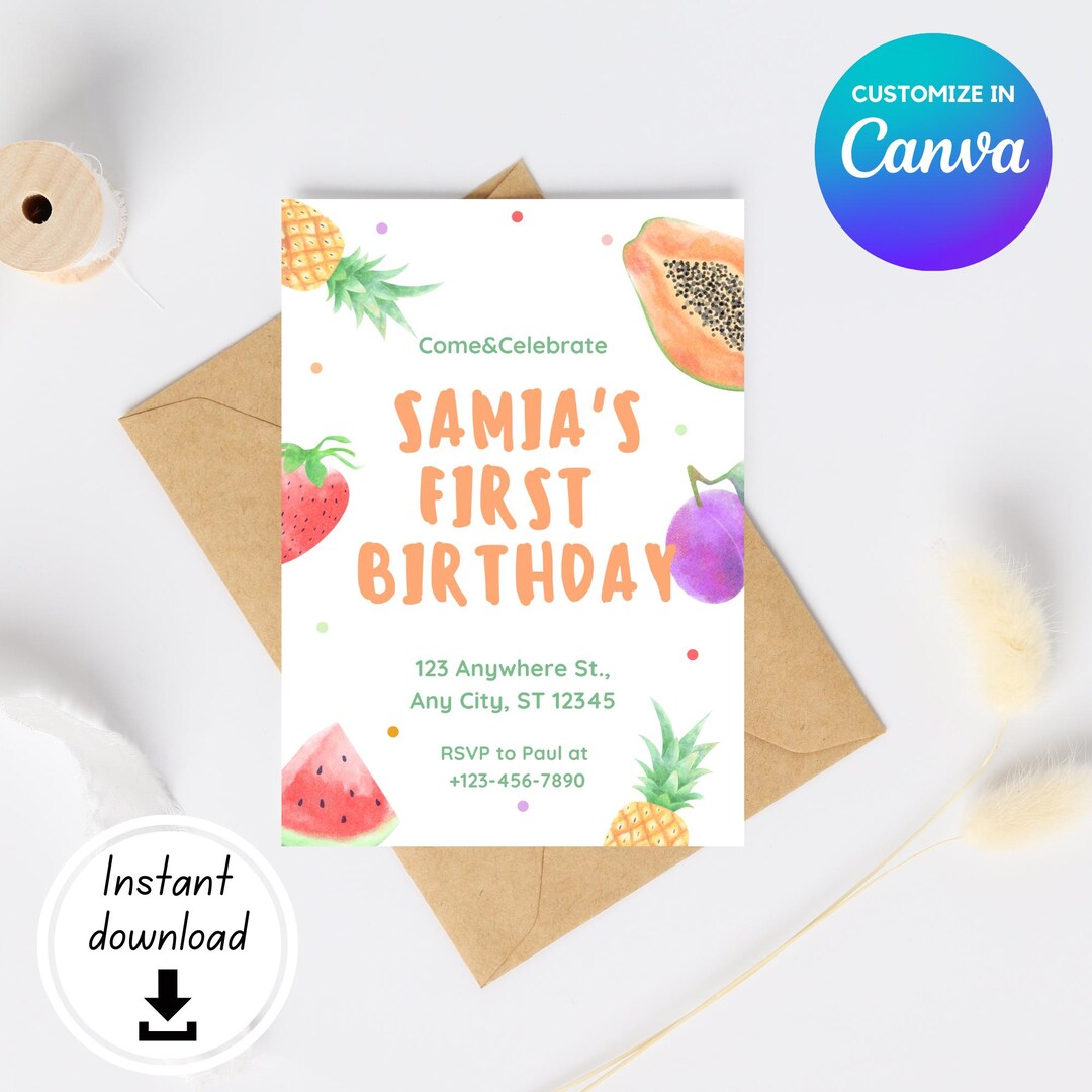 Fruit Party Invitation, Birthday Invitation, Editable Birthday Template ...
