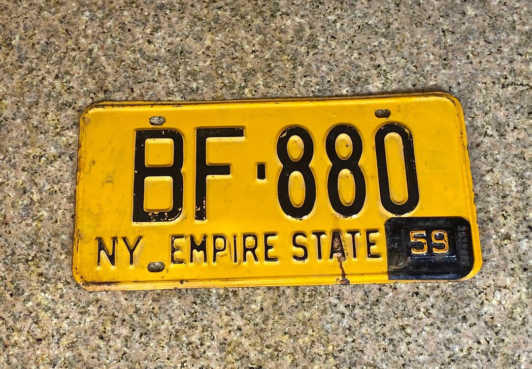 1959 New York License Plate Tag BF-880 Black on Yellow Metal - Etsy