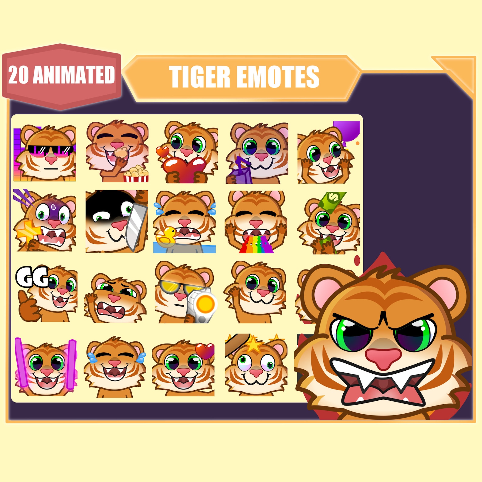 ANIMATED ORANGE TIGER Emote Bundle for Twitch Youtube Emotes Discord ...