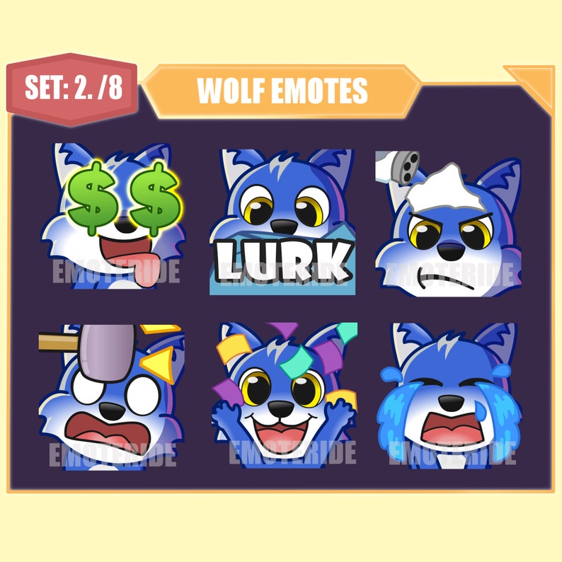 Blue Wolf Twitch Emote Pack 2 Dollar Eyes Lurk Salty - Etsy