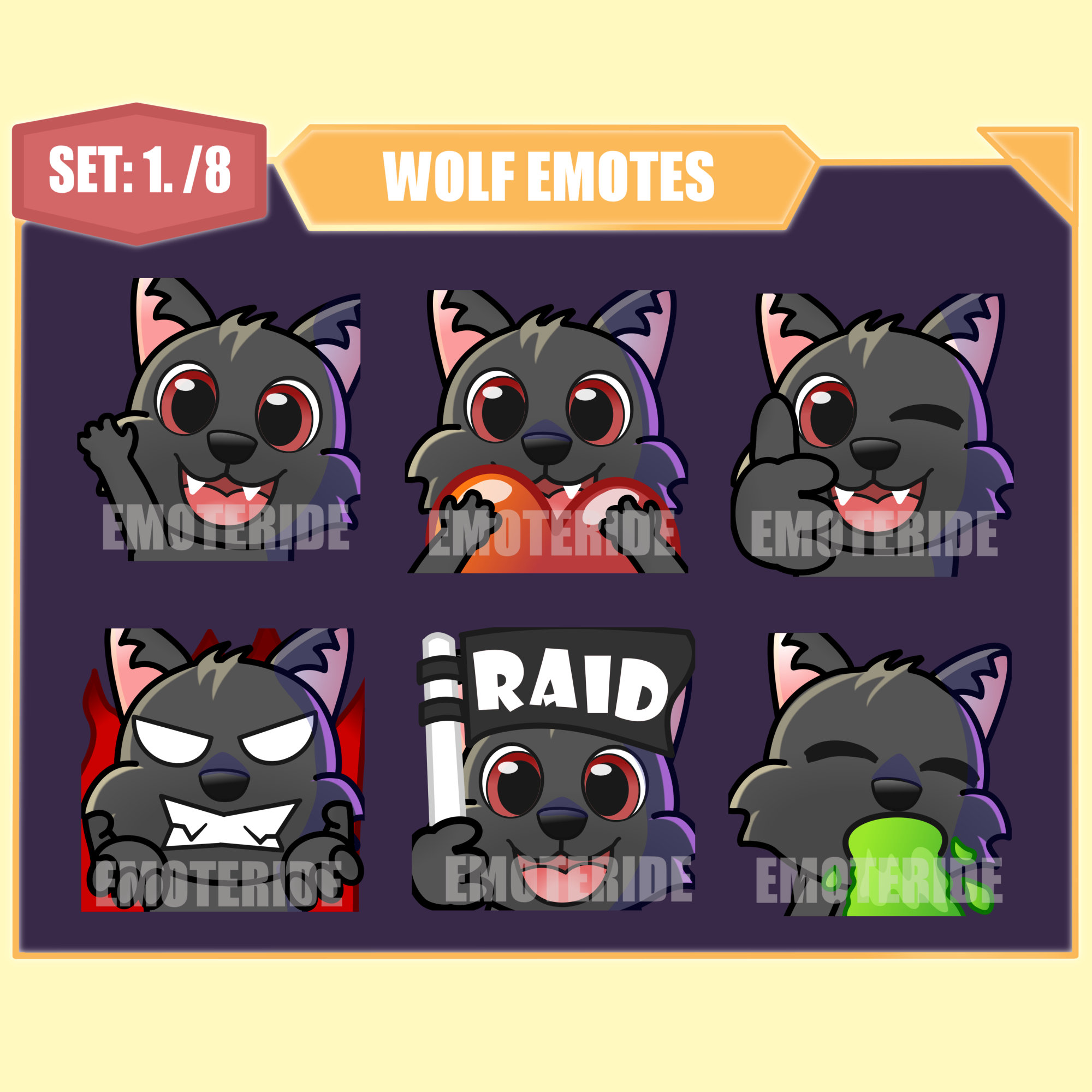 Black Wolf Twitch Emote Pack 1 Hi Heart Thumbs Up Angry - Etsy