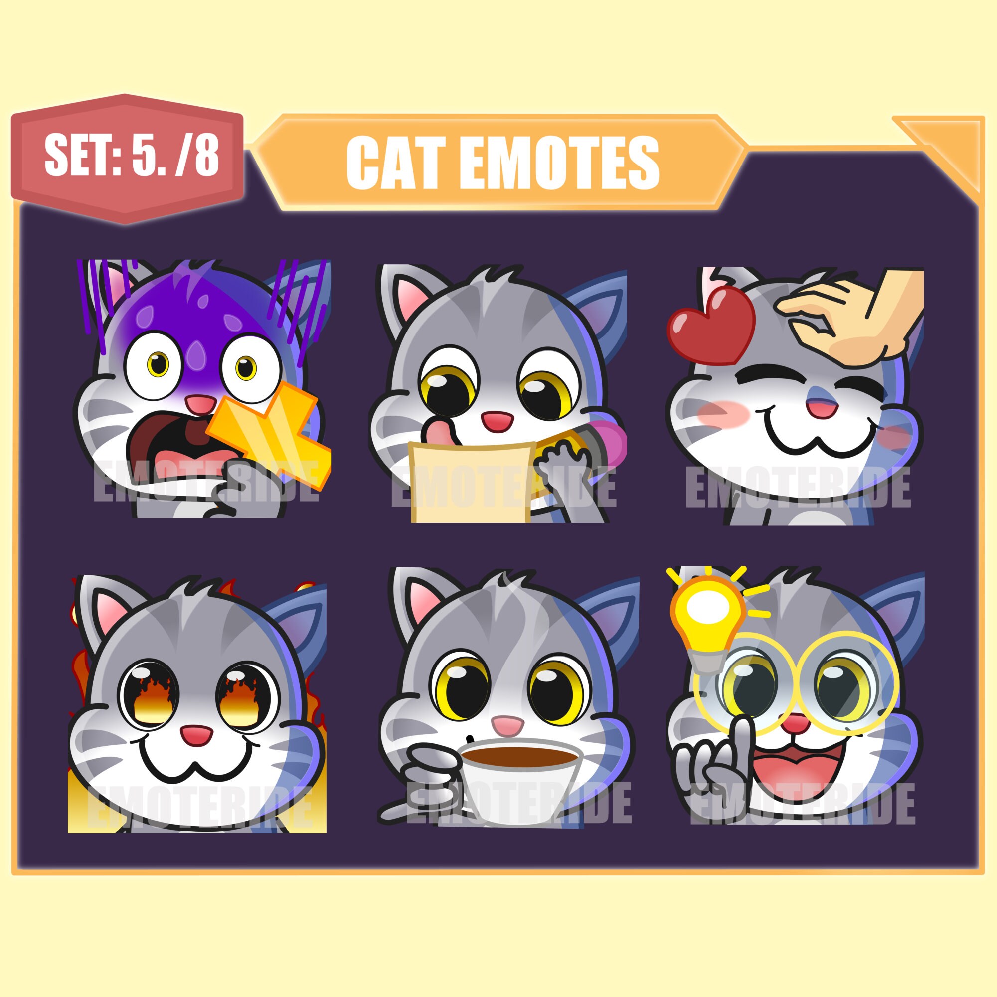 Gray Tabby Cat Twitch Emote Pack 5 Scared, Taking Notes, Pat on Head ...