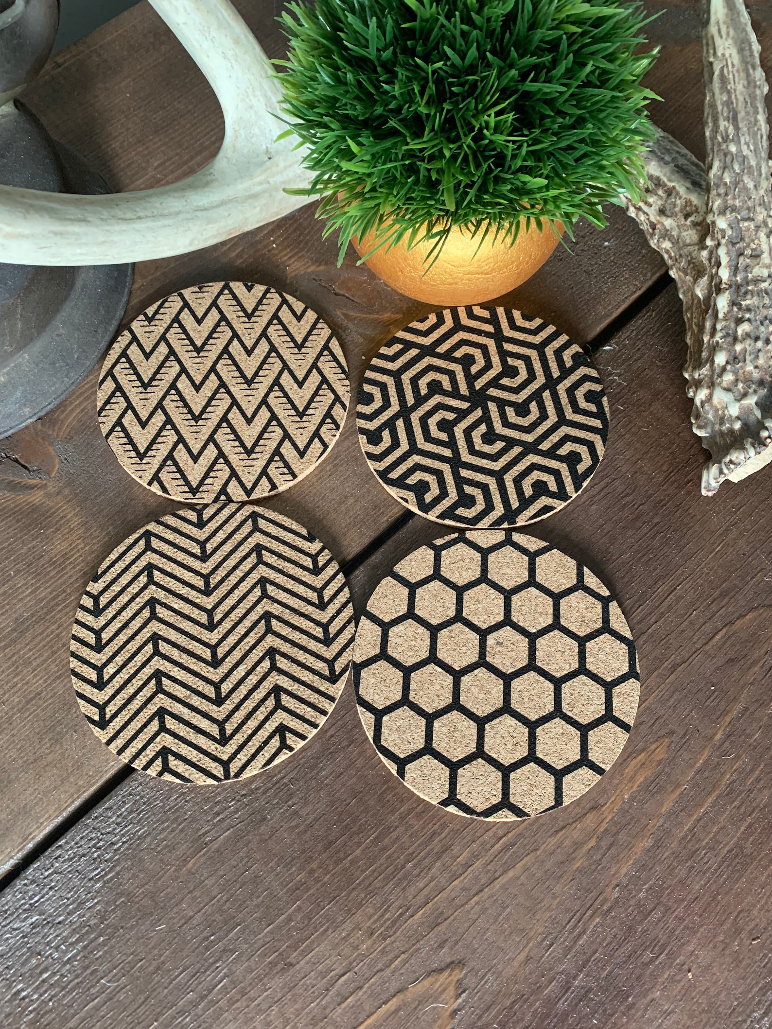 Laser Engraved Cork Coasters Geometric Cork Coasters | Etsy
