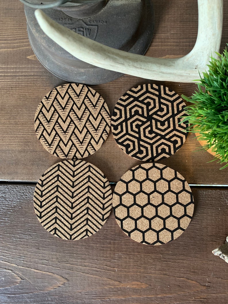 Laser Engraved Cork Coasters Geometric Cork Coasters | Etsy