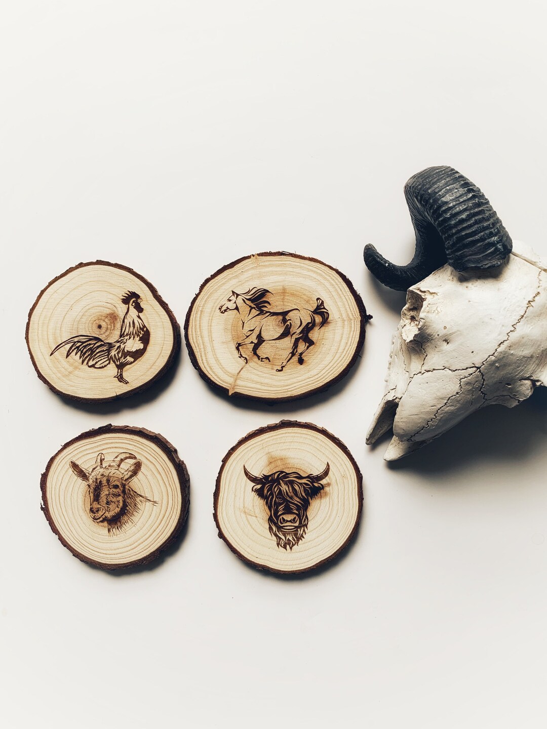 Live Edge Farm Animal Engraved Wood Coasters, Wood Log Coasters, Rustic ...