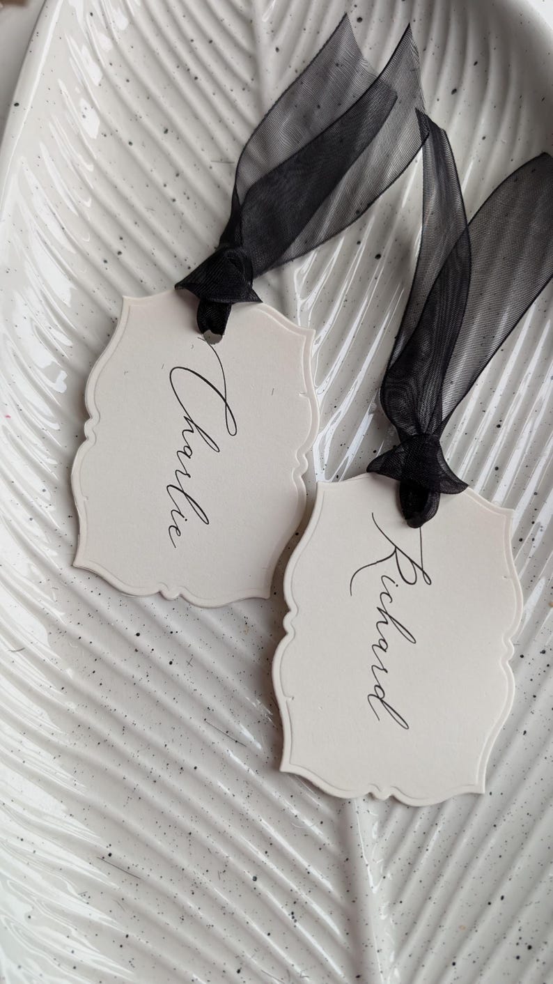 Ivory Placecards With Elegant Black Calligraphy & Custom Ribbon ...