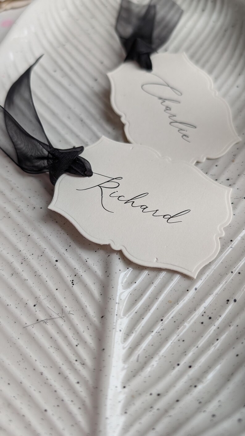 Ivory Placecards With Elegant Black Calligraphy & Custom Ribbon ...