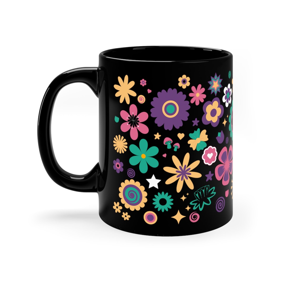 Vintage Coffee Mug, 70s Retro Coffee Mug, Flower Power Cup, Black Mug ...