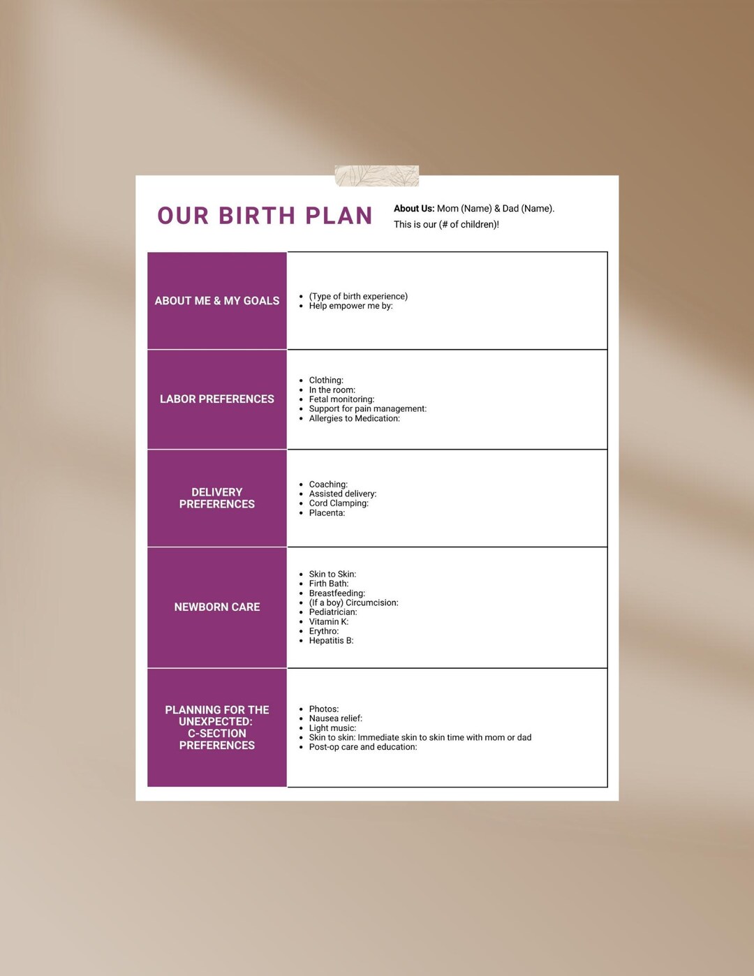 Customizable Birth Plan Template | Digital Birth Plan for Expecting ...