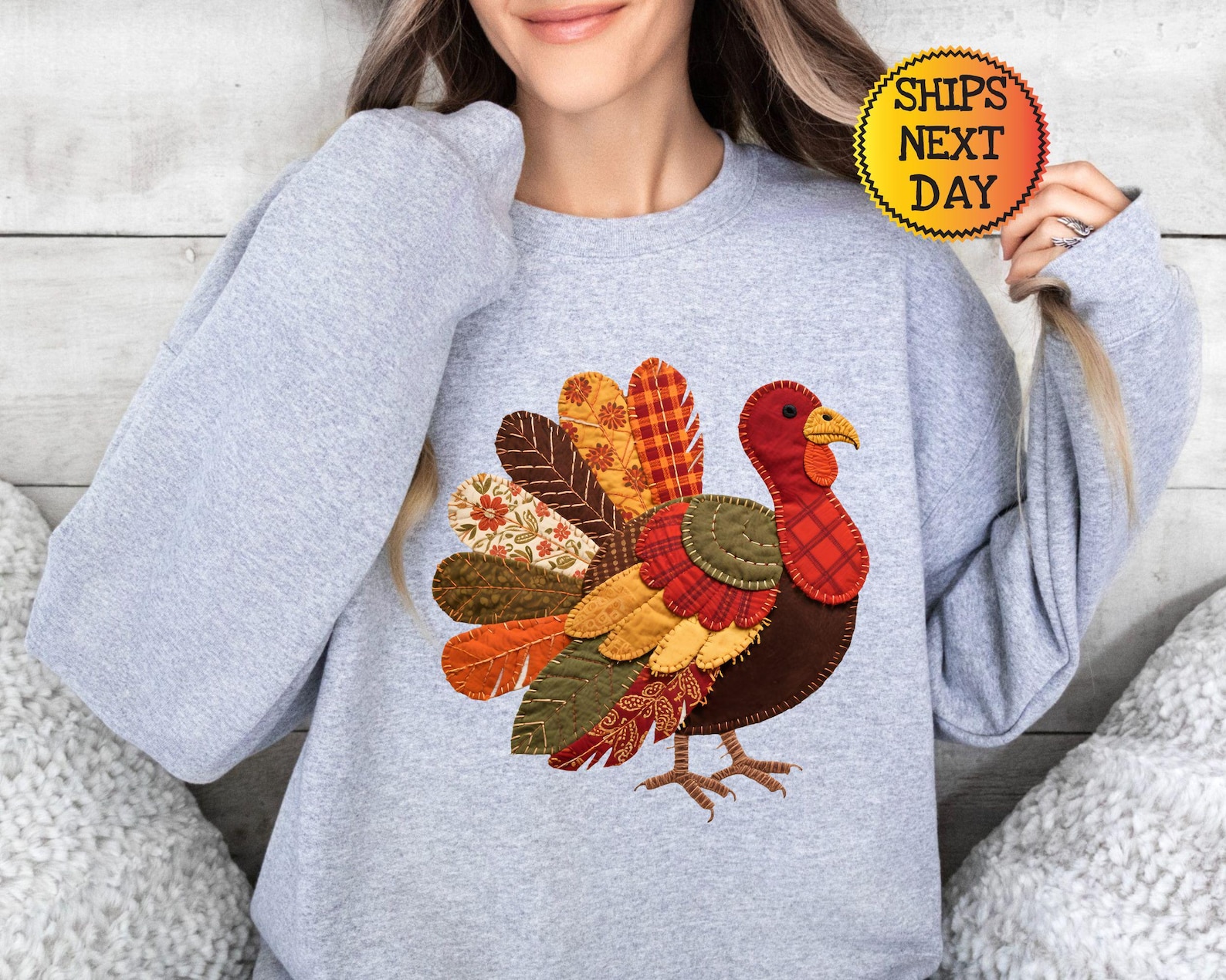 Thanksgiving Turkey Sweatshirt: Printed Faux Patchwork Design Hoodie ...
