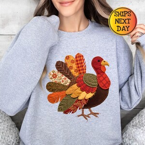 Thanksgiving Turkey Sweatshirt: Printed Faux Patchwork Design Hoodie ...