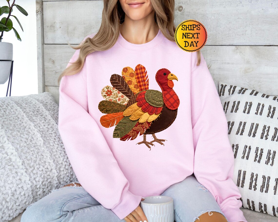 Thanksgiving Turkey Sweatshirt: Printed Faux Patchwork Design Hoodie ...