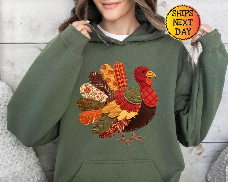 Thanksgiving Turkey Sweatshirt: Printed Faux Patchwork Design Hoodie ...